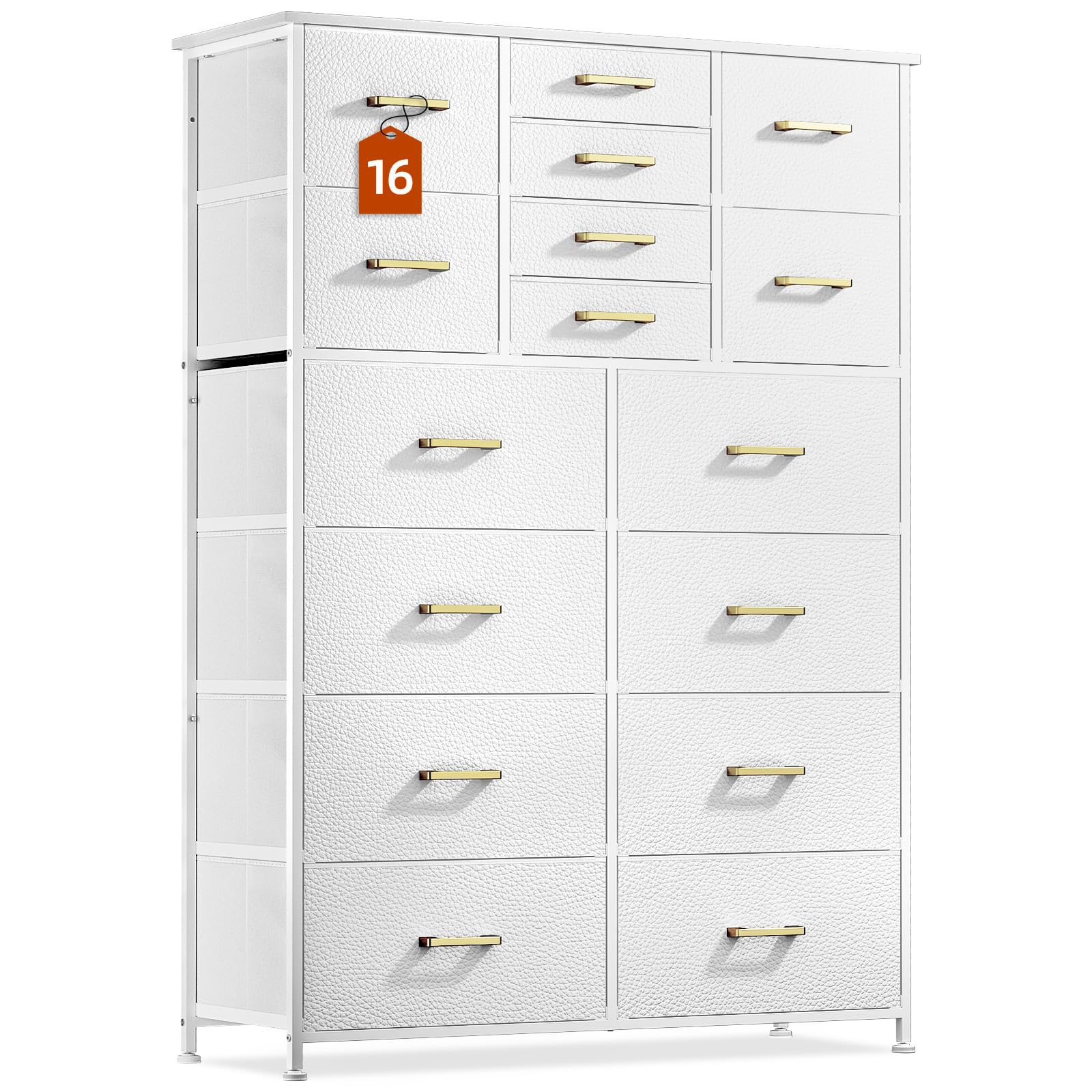 GipGiper 16 Drawers Dresser for Bedroom, Tall Dresser with Large Capacity Fabric Drawer Chest of Drawers for Closet, Living Room, Hallway, Kid Room, Leather Finish, Wood Top White