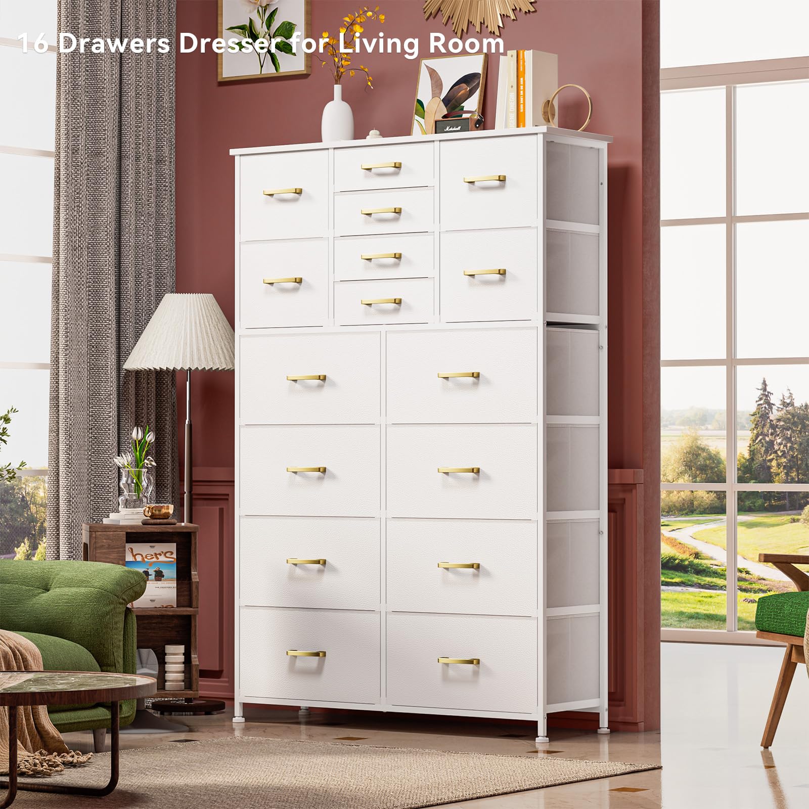 GipGiper 16 Drawers Dresser for Bedroom, Tall Dresser with Large Capacity Fabric Drawer Chest of Drawers for Closet, Living Room, Hallway, Kid Room, Leather Finish, Wood Top White