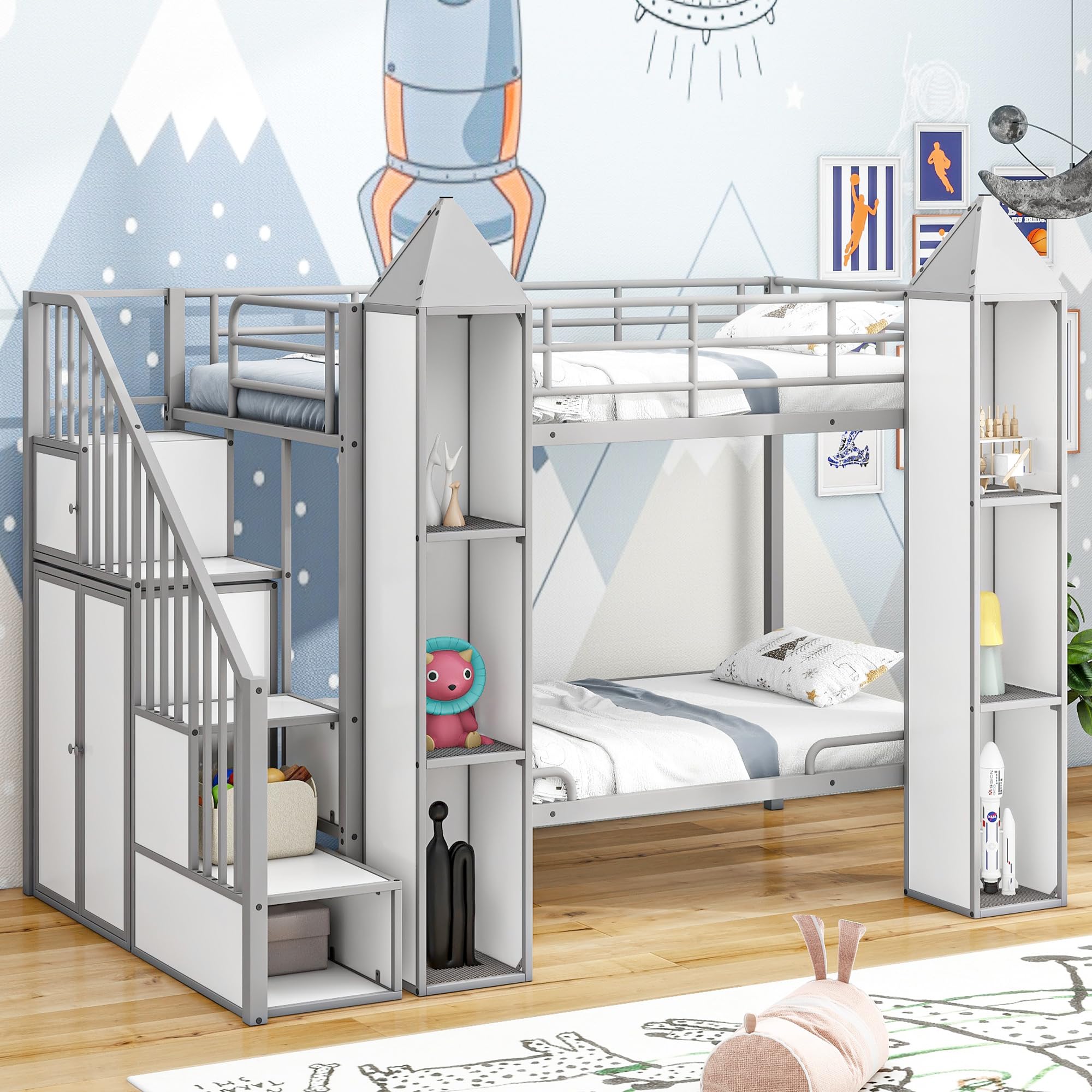 Favfurish Twin Over Twin Castle-Shaped Bunk Bed with Wardrobe,Open Storage cabinets,a Storage Staircase and guardrails,Metal Stairway BunkBed for Kids Boys/Girls/Teens,Gray+White