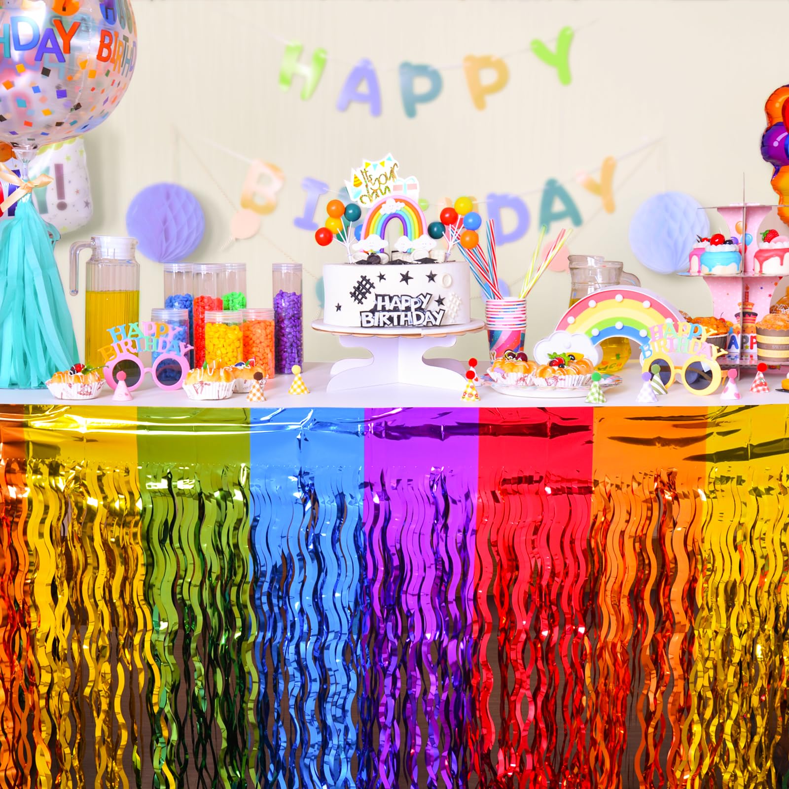 LOLStar Rainbow Party Decorations, 2 Pack Wavy Metallic Tinsel Foil Fringe Table Skirts, Perfect Table Decors for Birthday Holiday Wedding Engagement Bridal Shower Unicorn Pride Party Cartoon Party