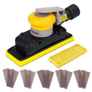 upwood 2-3/4" x 8" dust-free air orbital sander, 70 mm x 198 mm 1/8 in orbit, 10,000 max opm dust bag style central vacuum with extra hook-loop pad and 15pcs (80/120/180/320/400) mesh sandpapers