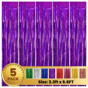 pabues 5 pack 3.3ft x 6.6ft laser purple tinsel curtain party backdrop -glitter foil fringe curtain for birthday graduation engagement bridal shower bachelorette baby shower party decorations