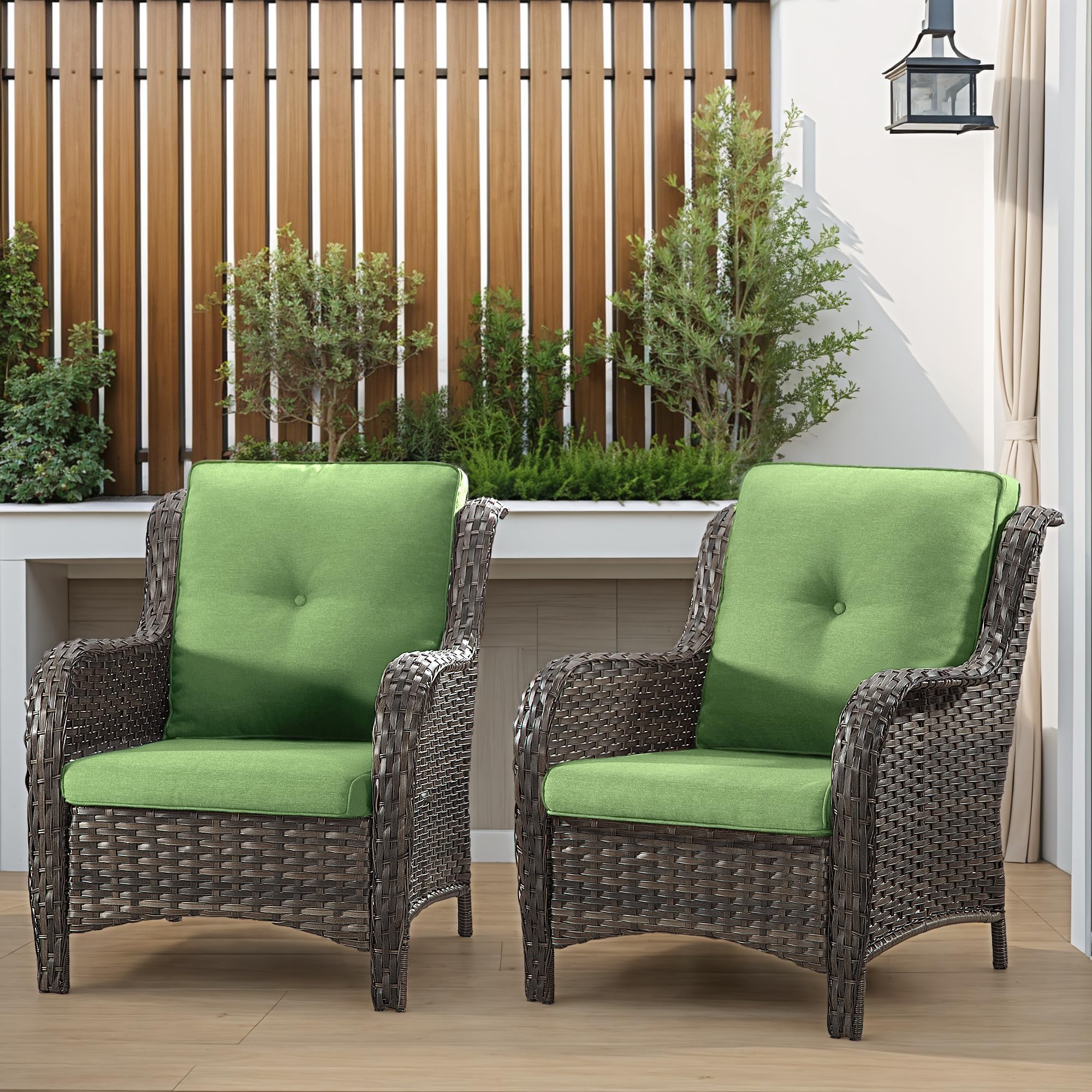 Gardenbee Patio Wicker Chairs Set of 2, Patio Rattan Dining Chairs with 3.5-inch Seat Cushions, High Back and Curved Armrest for Garden, Backyard, Balcony and Deck, Green