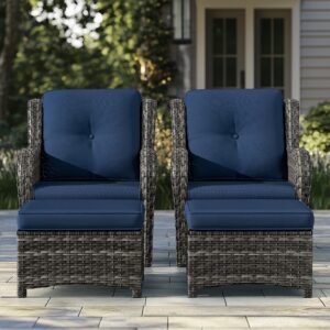 Gardenbee 4 Pieces Patio Conversation Set, Wicker Chairs Set of 2 and Two Ottomans with 3.5-inch Seat Cushions, High Back and Curved Armrest for Backyard, Balcony and Deck, Blue