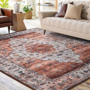 nusoarug machine washable area rugs, vintage 6 * 9 non slip area rugs for living room with tpr rubber backing, boho area rug carpet runner for bedroom dining room indoor, brick orange- faux wool