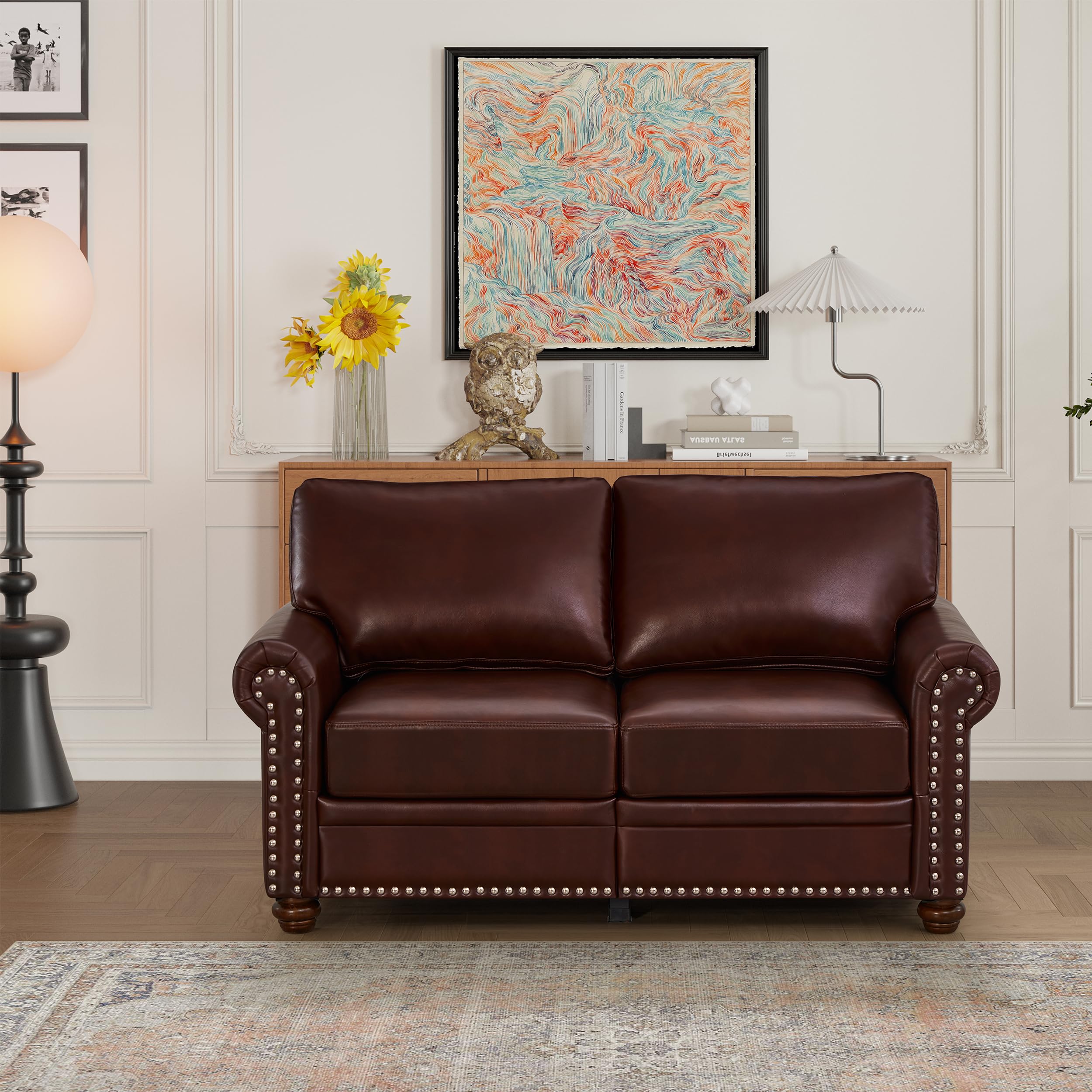 Lunanniu 59" Faux Leather Pu Loveseat Underseat Storage Classic Love Seat Couch Elegance 2 Seat with Rolled Armrests Nailhead Trim Wood Legs Traditional Living Room Accent Sofa 2 Seat-Burgundy