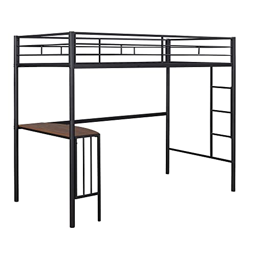 RORIGAT Twin Metal Loft Bed with Desk, Ladder and Guardrails, Loft Bed for Kids Teens Adults,Black