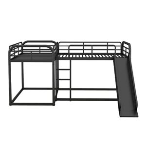 RORIGAT Quad Bunk Bed with Slide, L Shaped Bunk Bed for 4, Heavy-Duty Metal Floor Bunk Bed Frame Full and Twin Size for Kids Teens Girls Boys,Black