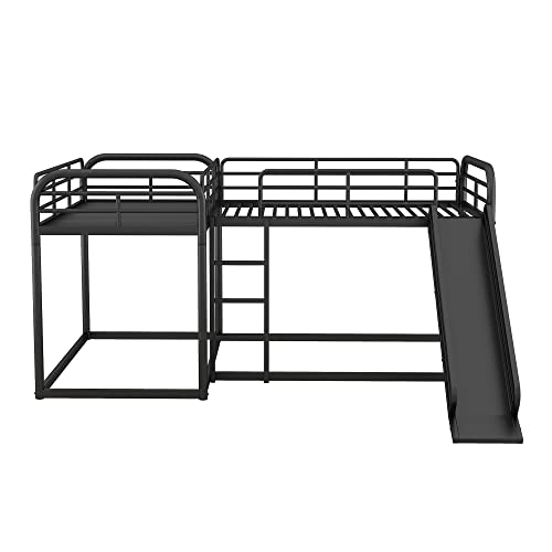 RORIGAT Quad Bunk Bed with Slide, L Shaped Bunk Bed for 4, Heavy-Duty Metal Floor Bunk Bed Frame Full and Twin Size for Kids Teens Girls Boys,Black