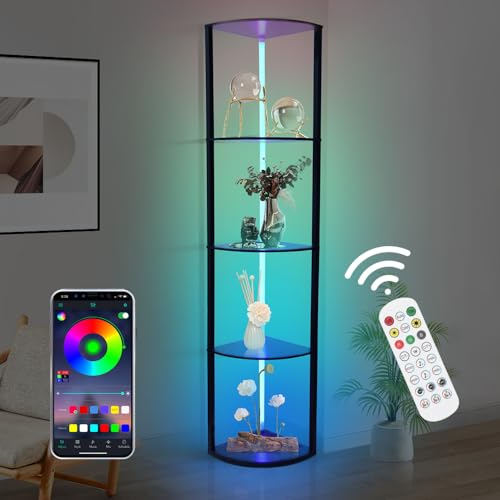 XIIW 5 Tiers Corner Shelf with Light, RGB LED Corner Bookshelf Standing Floor Lamp via App and Remote Control, Modern Corner Display Cabinet with Storage Rack for Living Room Bedroom Home