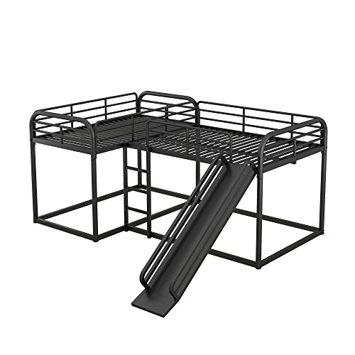 RORIGAT Quad Bunk Bed with Slide, L Shaped Bunk Bed for 4, Heavy-Duty Metal Floor Bunk Bed Frame Full and Twin Size for Kids Teens Girls Boys,Black