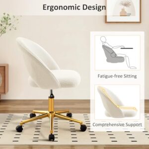 Furniliving Vanity Accent Chair, Modern Cute Round Desk Chairs Adjustment Height Swivel Chair with Wheels Upholstered Sherpa Gold Metal Base for Makeup Living Room Bedroom,White