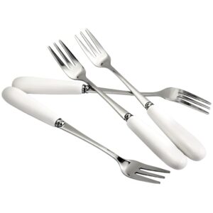 meiyahome fine dessert forks 18-10 stainless steel fruit fork(creative white ceramic handle) tasting forks, 3-tine forks, sus304 6inch (4 pcs)