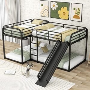 rorigat quad bunk bed with slide, l shaped bunk bed for 4, heavy-duty metal floor bunk bed frame full and twin size for kids teens girls boys,black