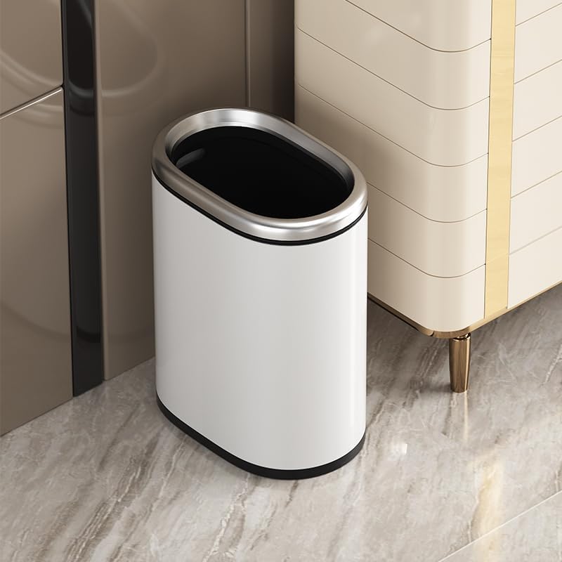 YOJIA 9L/2.4Gallon Oval Small Garbage can,Thickened Metal White Trash Can,Narrow Waste Basket for Bathroom, Bedroom, Kitchen, Office,Hotel,Waste, Refuse Recycling(White)