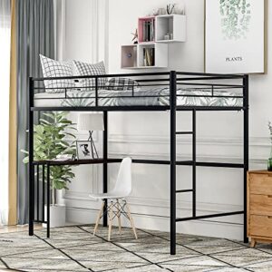 rorigat twin metal loft bed with desk, ladder and guardrails, loft bed for kids teens adults,black