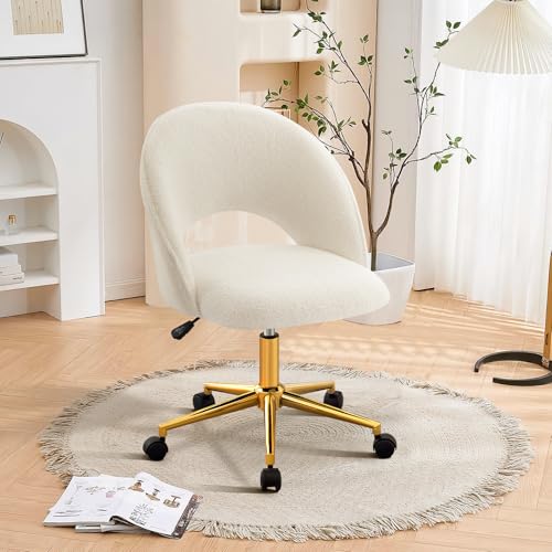 Furniliving Vanity Accent Chair, Modern Cute Round Desk Chairs Adjustment Height Swivel Chair with Wheels Upholstered Sherpa Gold Metal Base for Makeup Living Room Bedroom,White