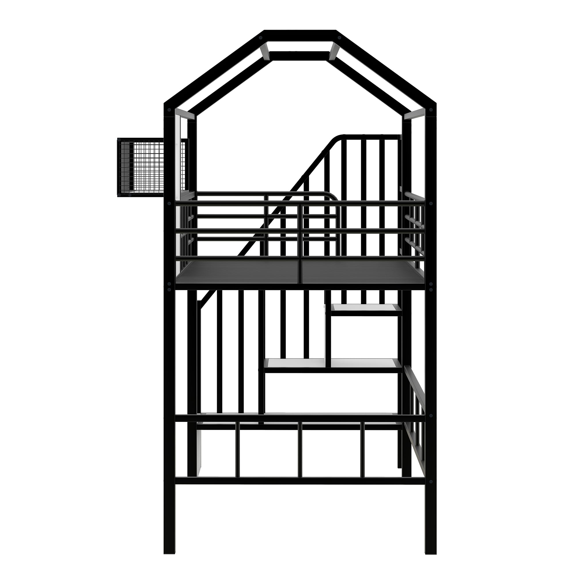 Kids Twin Low Loft Bed with Stairs, Metal Twin House Loft Bed with Storage Shelves, Roof & Safety Guardrail, Twin Low Loft Bed Frame for Kids, Teens, Girls & Boys (Black)