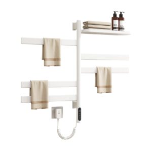 heated towel rack with top tray,electric swivel towel rack wall mounted drying rack, towel warmer 5 bars with built-in timer, for home bathroom, salons and spas,plug-in or hardwired,white