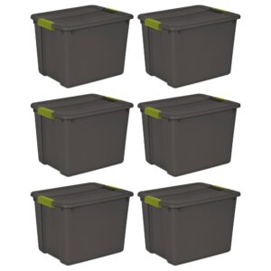 sterilite 12 gallon rectangular plastic latching tote storage container with indexed lid and green molded handles for home organization, gray, 6-pack