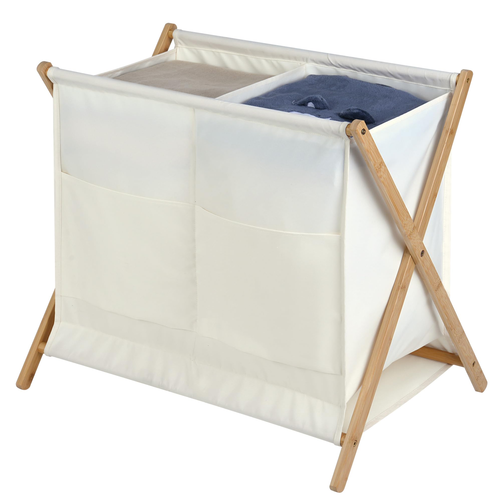 efluky Double Laundry Basket, Bamboo X Frame Laundry Basket for Dirty Clothes, 2 Section Laundry Basket for Bathroom, Bedroom & Laundry Room, 100L (26.4 Gallon) Beige