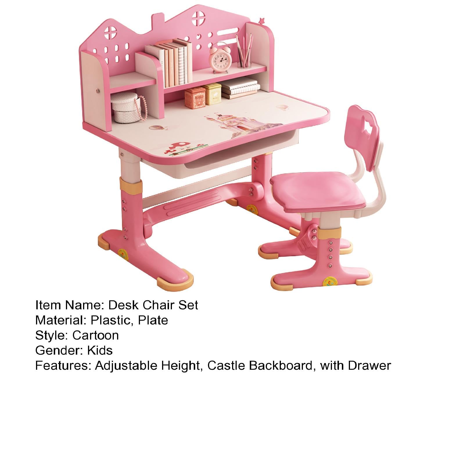 HEVIRGO Kids Learning Desk and Chair Set Pink Desk Set Height Adjustable with Drawers and Bookshelf Widened Desktop Cartoon Castles Learning Desks and Chairs Reading/Learning/Writing for Girls (Pink)