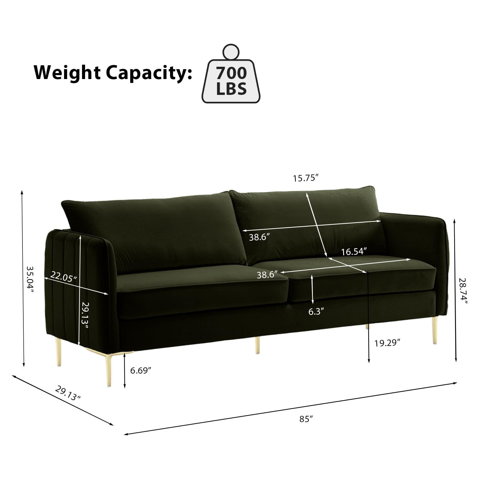 RXRRXY Modern 85” Velvet Loveseat Sofa Couch, Mid-Century Love Seat Sofa for Living Room, Oversized 2 Seater Couches Sofa with Square Arm and 5 Sturdy Metal Legs for Living Room, Bedroom (Olive Green)