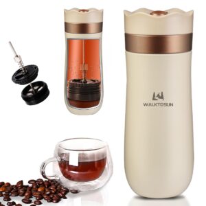 portable french press travel coffee maker, double walled stainless steel vacuum insulated coffee maker and tea maker,12 ounce, mini vacuum mug filter coffee cup for travel (lvory)