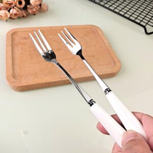 MEIYAHOME Fine Dessert Forks 18-10 Stainless Steel Fruit Fork(Creative White Ceramic Handle) Tasting Forks, 3-Tine Forks, sus304 6inch (4 Pcs)