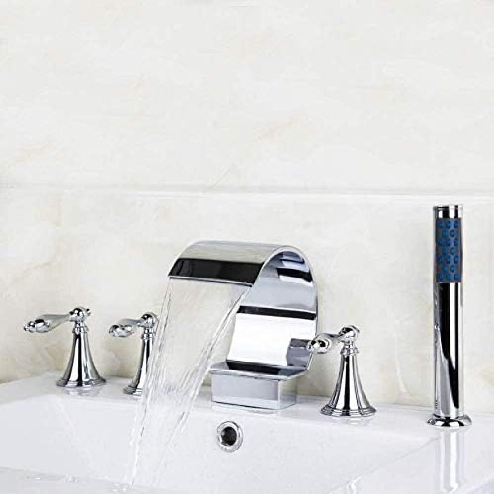 Kitchen Taps Faucet Solid Brass Waterfall Taps Mixer Tap Deck Mount 3 Handles Taps Bathtub Mixer Chrome Bathtub Bathroom Faucet 5-Piece Set