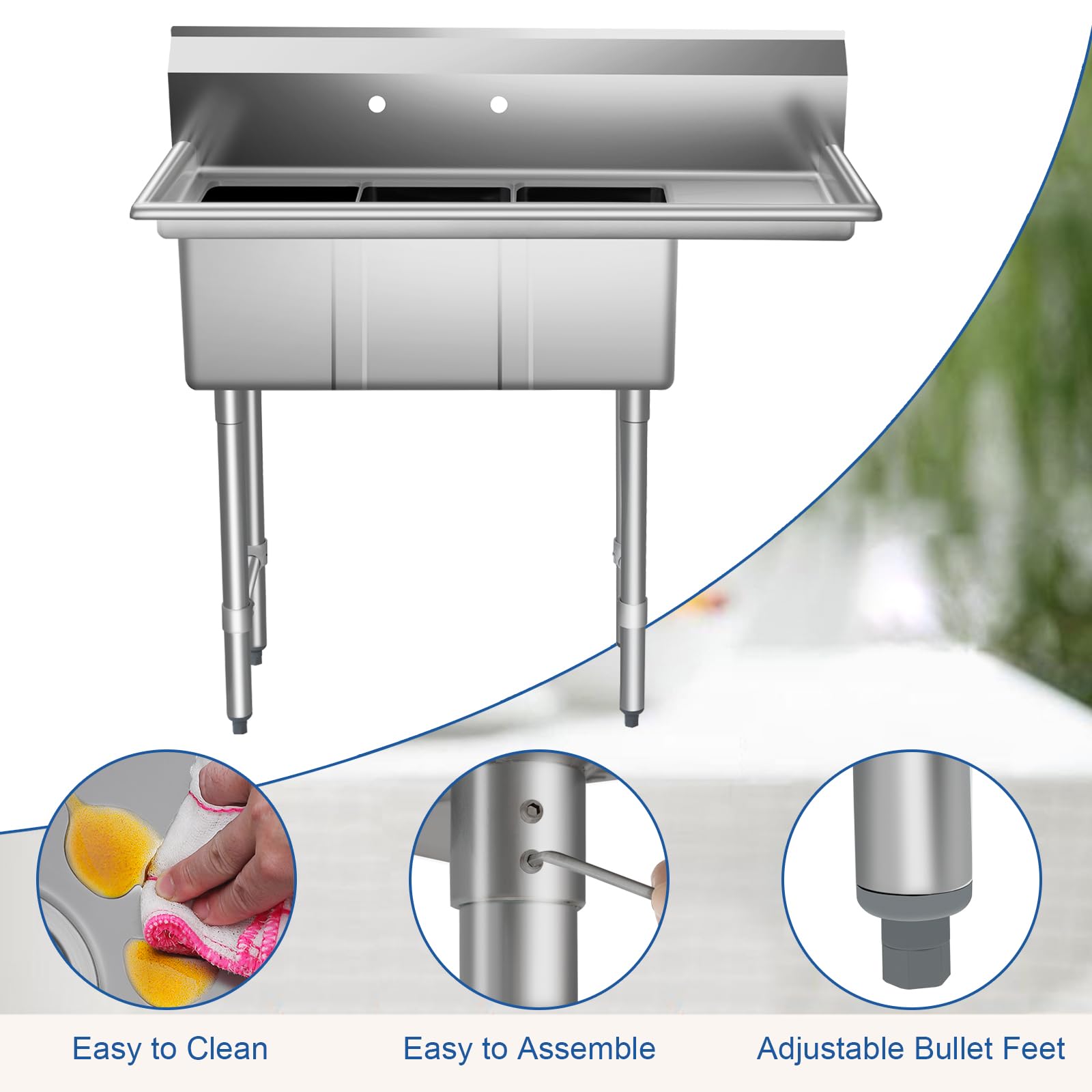 HARDURA Stainless Steel Kitchen Sink With 3 Compartments, Commercial Sink Right Drainboard Freestanding NSF Certified Utility Basin 10" L X 14" W X 10" D Bowl For Kitchen & Restaurant, Laundry Room