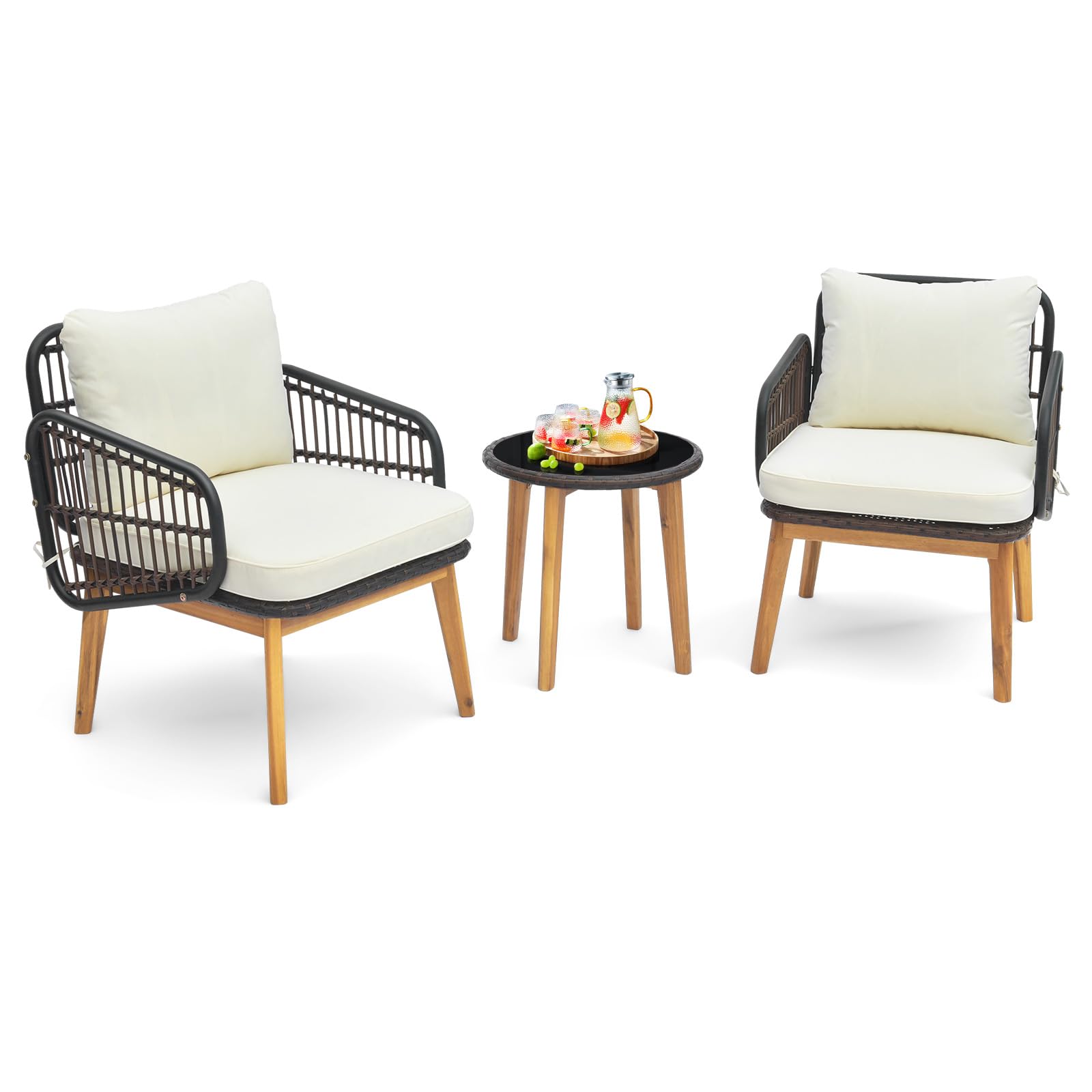 HAPPYGRILL 3 Pieces Acacia Wood Patio Bistro Set, Wicker Outdoor Furniture Set with Cushioned Chairs and Tempered Glass Side Table, PE Rattan Wicker Chair with Table for Porch, Balcony, Deck