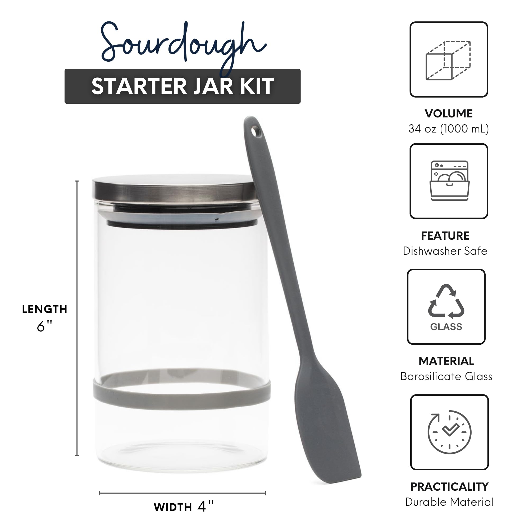 Alvina Collection Sourdough Starter Jar Kit (34 oz) - Large Sourdough Glass Jar w/SS Steel Lid, Spatula & Tracker Band - Dishwasher Safe, Wide Mouth Sourdough - Ideal Sourdough Starter Kit Beginners