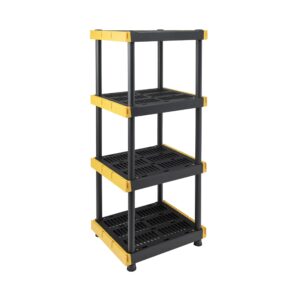 black & yellow® 4-tier heavy duty plastic storage shelving unit, 100lbs/shelf (55”h x 24”w x 20”d), for indoor/outdoor organization, modular rack, extremely durable®, made in the usa