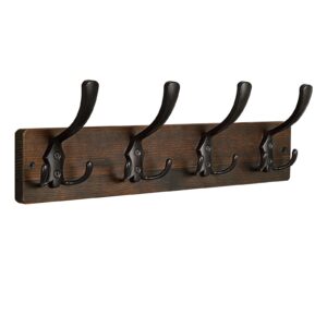 udenis wall mount wooden coat rack,coat hanger with 4 metal hooks for dog leashes key towel robe coat entryway bathroom mudroom,dark brown