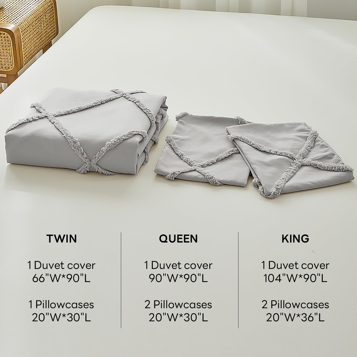 MetersGod Boho Duvet Cover Queen, Gray Tufted Duvet Cover Queen Size for All Seasons, 3 Pieces Soft Shabby Chic Embroidery Boho Bedding Duvet Cover with Zipper (Queen, 90"x 90")