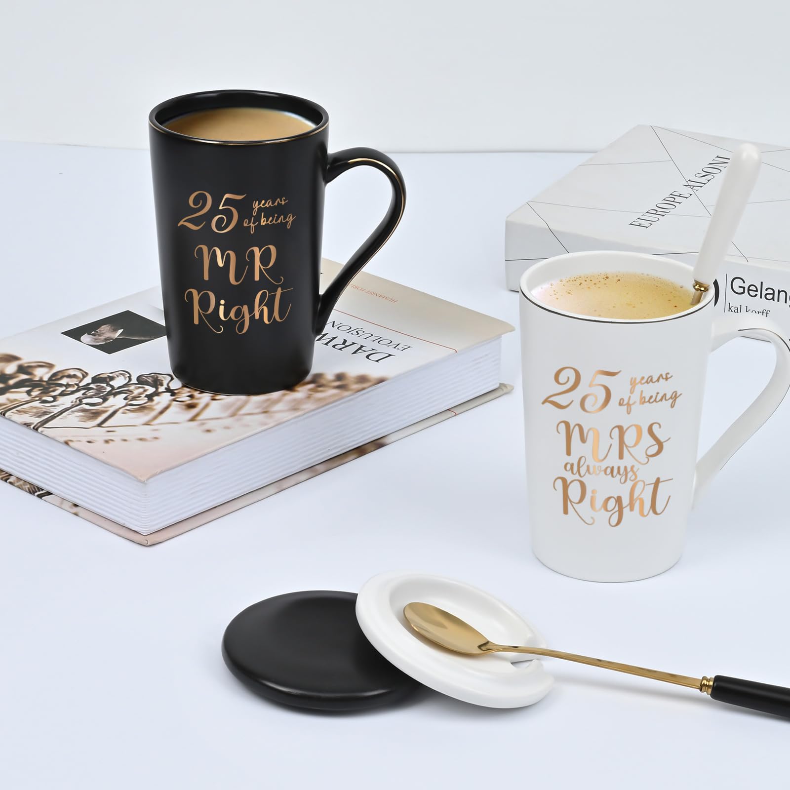 YHRJWN 25th Anniversary Presents, 25th Wedding Anniversary Presents for Couple Parents, 25th Mr Right Mrs Always Right Coffee Mugs, His and Hers Gifts, 14 Oz with Lids, Spoons and Gift Box