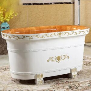 meglob free standing thickened solid wood bathtub, oval soaker tub, classic hand-carved all-wood deep soaker, white wooden freestanding bathtub with inner chair & pop-up drain,160cm/62.99"