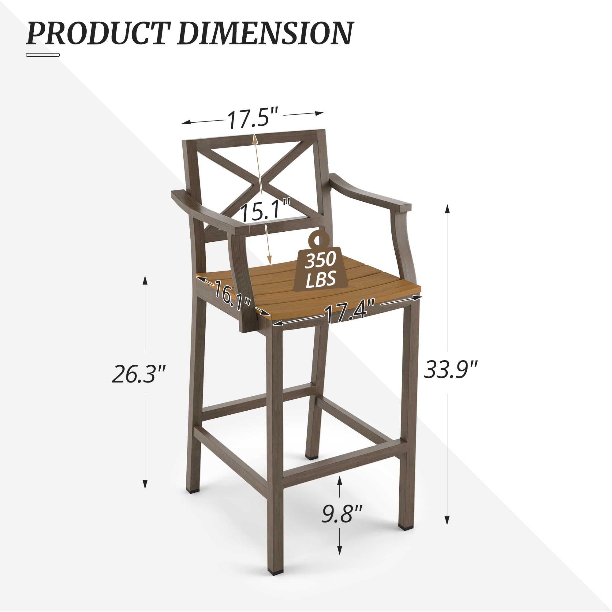 Cozyman Outdoor Bar Stools Set of 2, 26 Inch All Weather HDPS Patio Counter Height Barstools with Armrest & Footrest, Aluminum Bar Stool Chairs for Hot Tub, Balcony, Yard, Indoor Or Outdoor Use, Teak