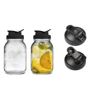 2 pack regular mouth flip cap mason jar lids for mason jars - airtight sealing, leak-proof design, and convenient pouring spout (jars sold separately) (black)