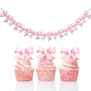 pink bow garland+24pcs bow cupcake toppers,bow banner, shower decor,pink welcome baby,dessert table bunting,coquette theme decorations,double sided