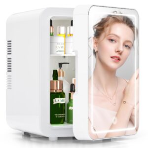 bogda mini skincare fridge (4 liter/6 can) with dimmable led light mirror, cooler and warmer for refrigerating make up, skin care and food, portable mini fridge for bedroom, office and car, white