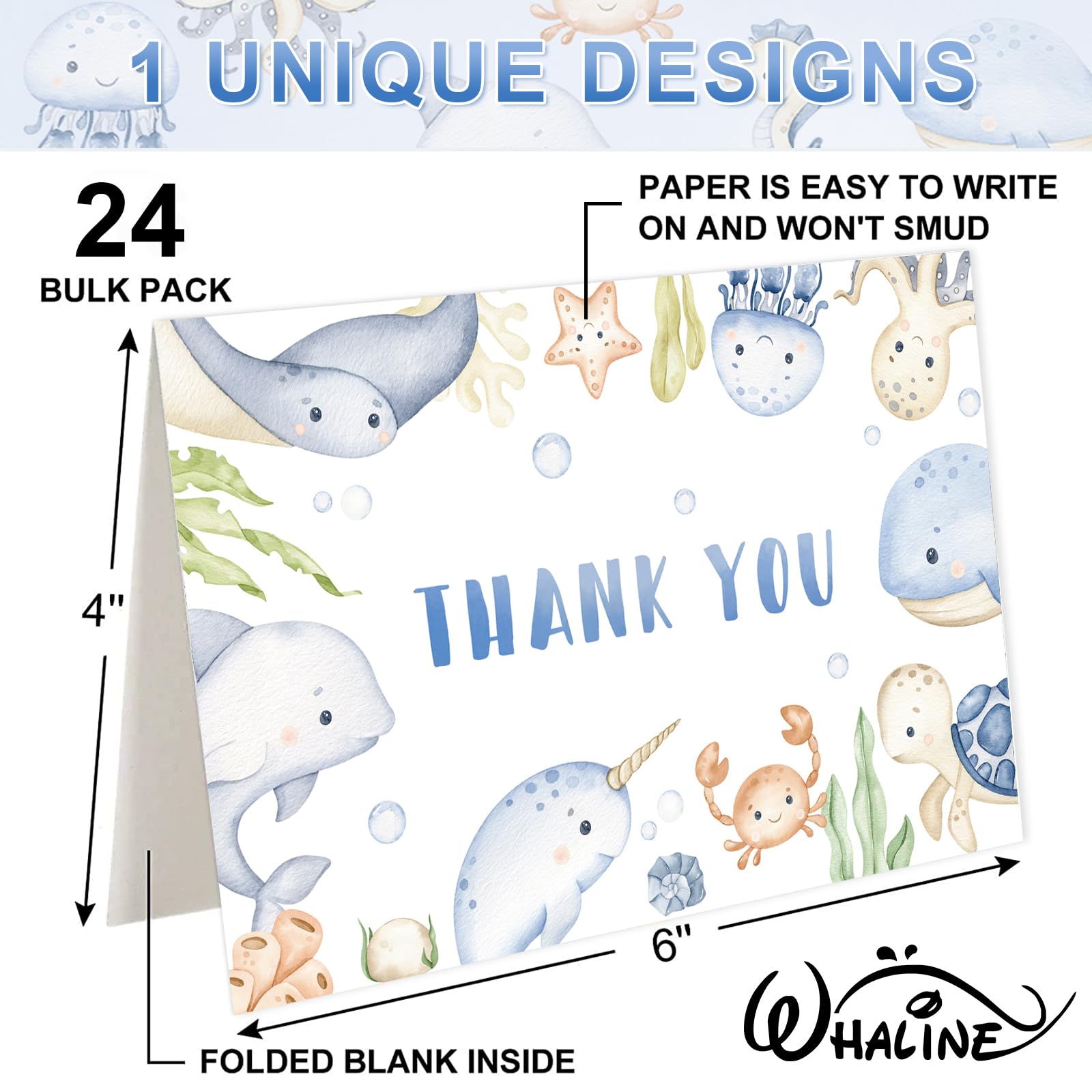 Whaline 24Pcs Under the Sea Thank You Cards Watercolor Marine Animals Theme Greeting Cards with Envelope Stickers Cartoon Blank Note Cards for Birthday Wedding Baby Shower, 4 x 6 Inch