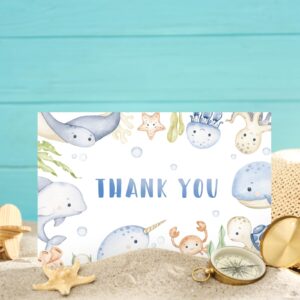 Whaline 24Pcs Under the Sea Thank You Cards Watercolor Marine Animals Theme Greeting Cards with Envelope Stickers Cartoon Blank Note Cards for Birthday Wedding Baby Shower, 4 x 6 Inch