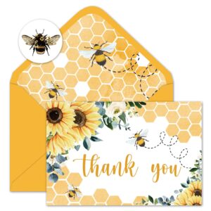 whaline 24pcs sunflower bee thank you cards bulk watercolor summer flower greeting cards with envelope stickers blank note cards for wedding baby shower bridal birthday party, 4 x 6 inch