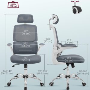 VASAGLE Office Chair, Ergonomic Design, Lumbar Support, High Back Desk Chair, Mesh Computer Chair, Foldable Armrests, Adjustable Headrest, Tilt Function, for Home Office, Dove Gray UOBN040G21