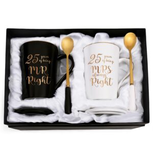 yhrjwn 25th anniversary presents, 25th wedding anniversary presents for couple parents, 25th mr right mrs always right coffee mugs, his and hers gifts, 14 oz with lids, spoons and gift box