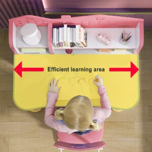 HEVIRGO Kids Learning Desk and Chair Set Pink Desk Set Height Adjustable with Drawers and Bookshelf Widened Desktop Cartoon Castles Learning Desks and Chairs Reading/Learning/Writing for Girls (Pink)