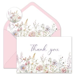 whaline 24pcs wildflower thank you cards bulk watercolor pink flower greeting cards with envelope sticker floral blank note cards for birthday wedding baby shower bridal shower, 4 x 6 inch