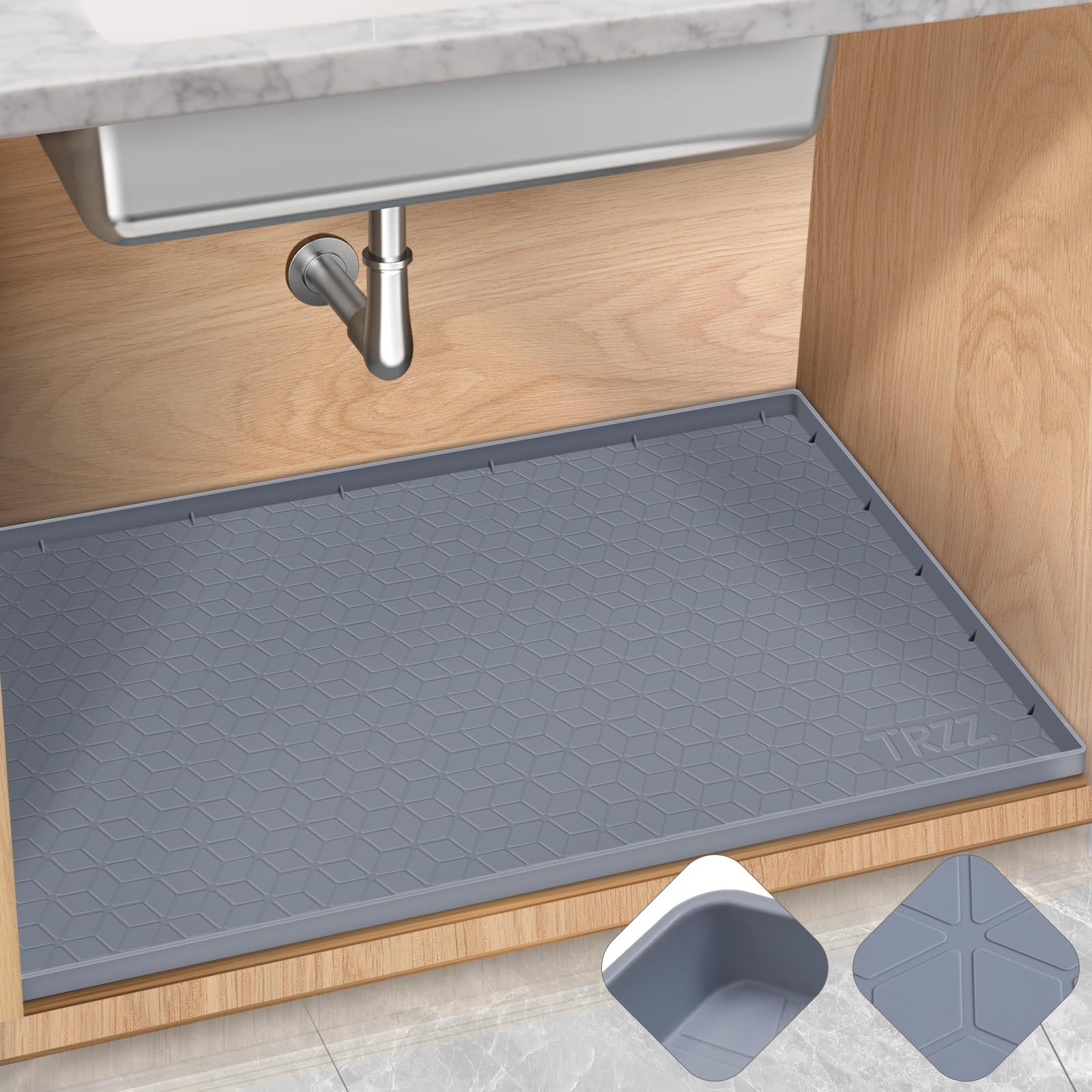 TRZZ Under Sink Mat 34" x 22", Under Kitchen Sink Mat Waterproof, Silicone Under Sink Mat for Shelf Liner Organizer, Cabinet Sink Protector Drip Tray for Bottom Kitchen, Bathroom (Grey)